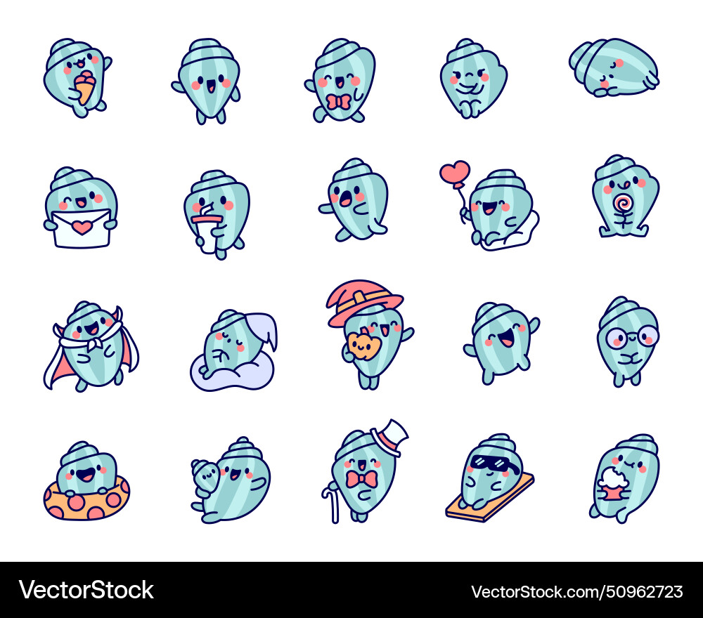 Cartoon happy seashell face characters funny Vector Image