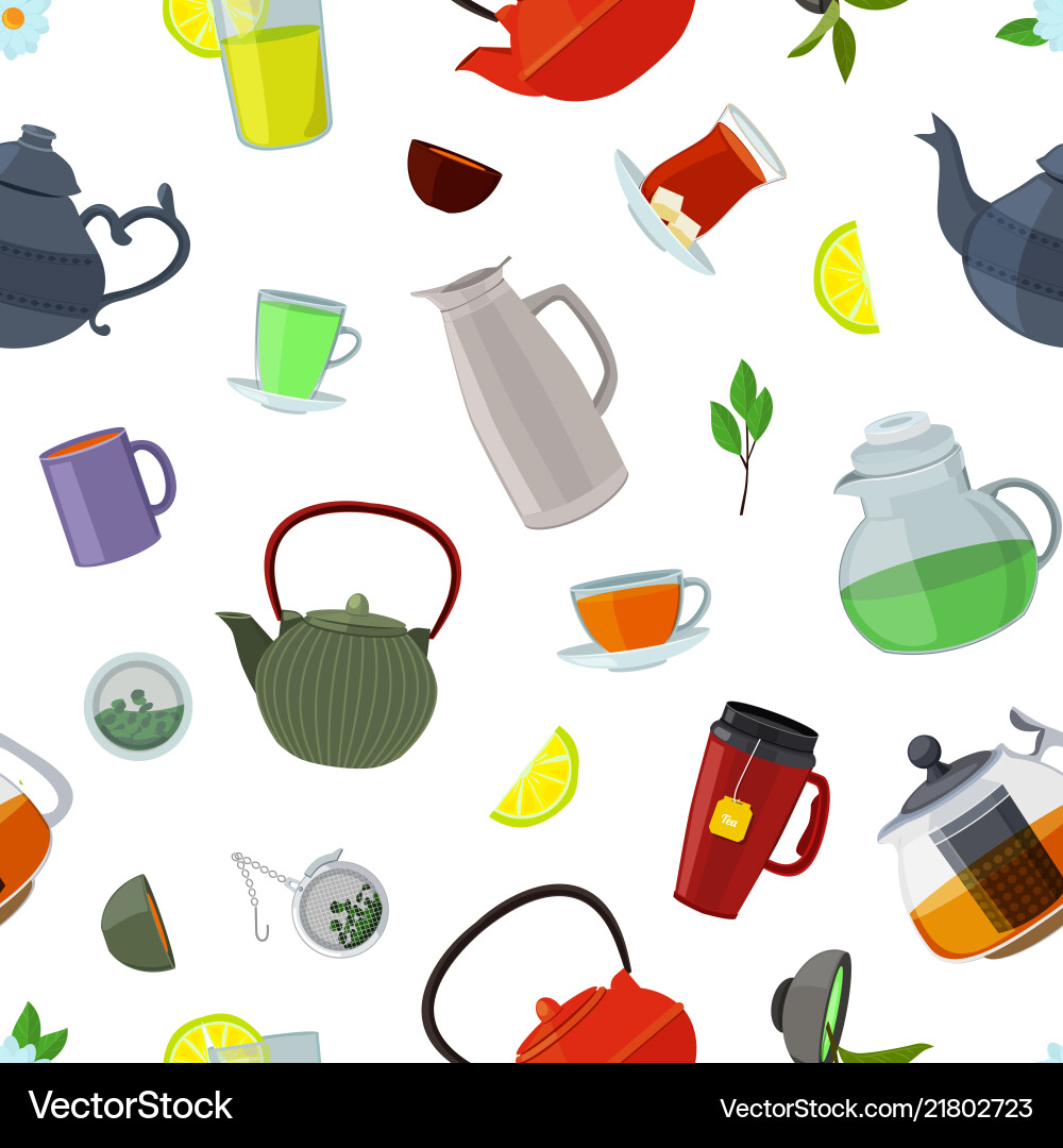 Cartoon tea kettles and cups pattern Royalty Free Vector