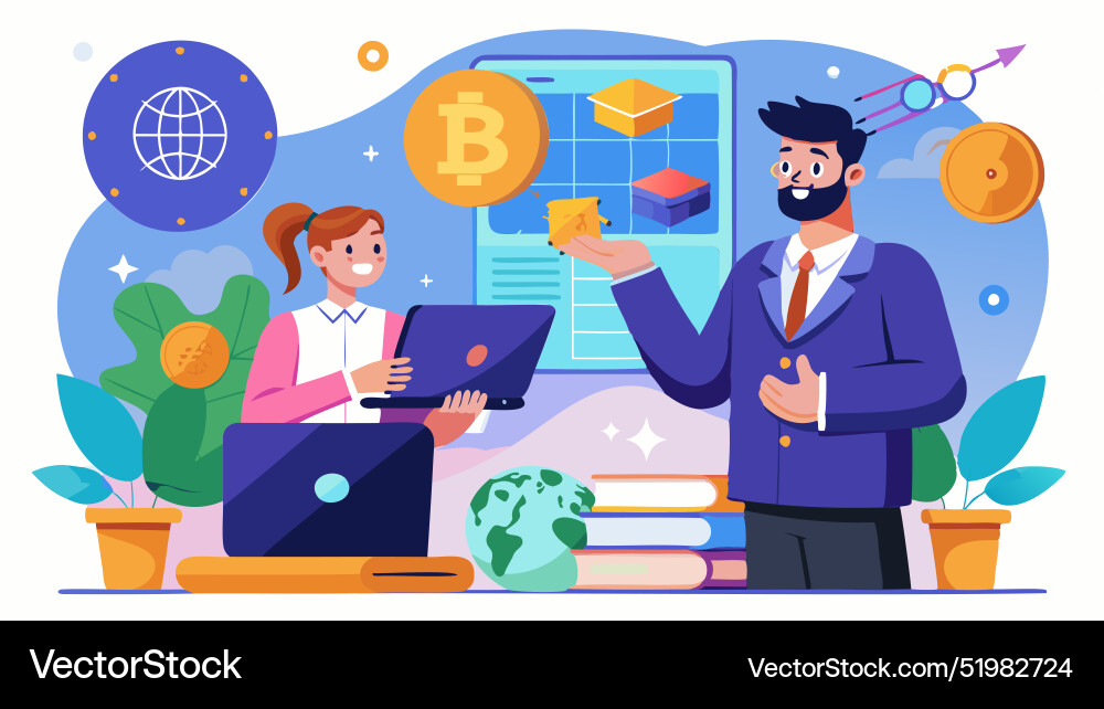 Blockchain and bitcoin education Royalty Free Vector Image