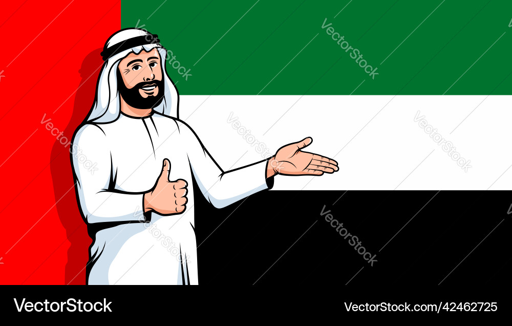 Arab man thumbs up on uae flag background Vector Image