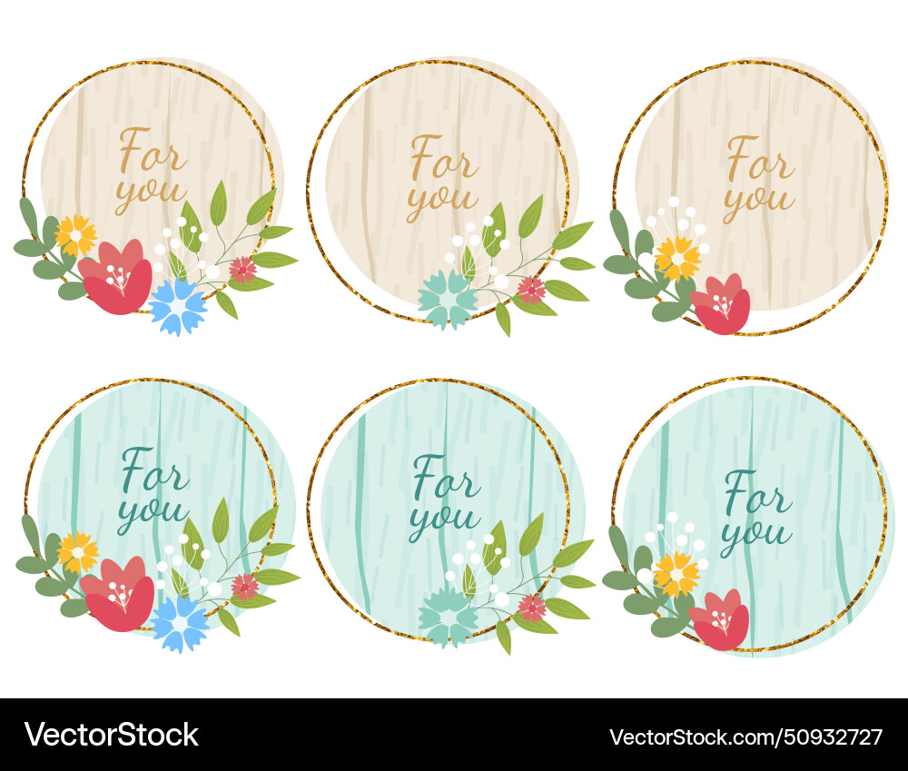 Wooden design elements set with flowers and text Vector Image