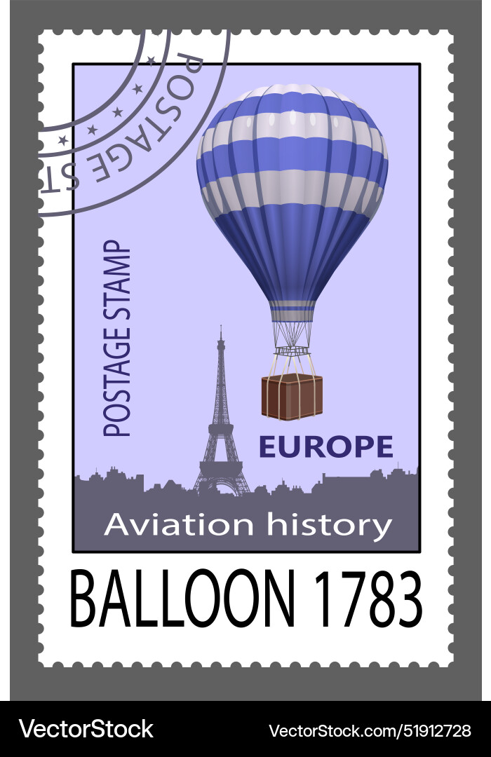 Postage stamp with a hot air balloon over Vector Image
