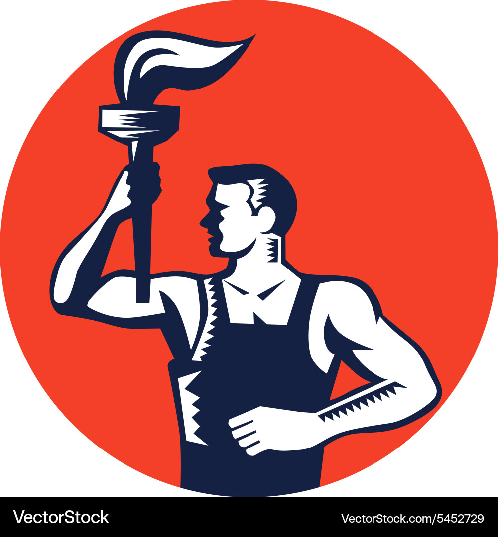 Worker holding up flaming torch circle woodcut Vector Image