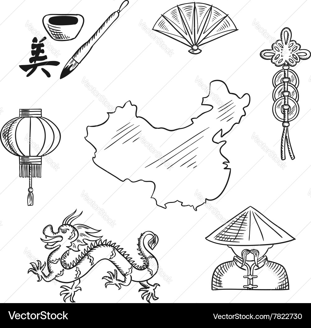 Chinese national symbols around a map Royalty Free Vector