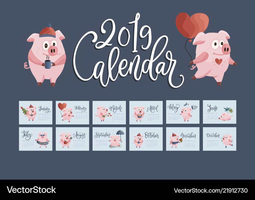 Cute Pig Calendar 2019 Royalty Free Vector Image
