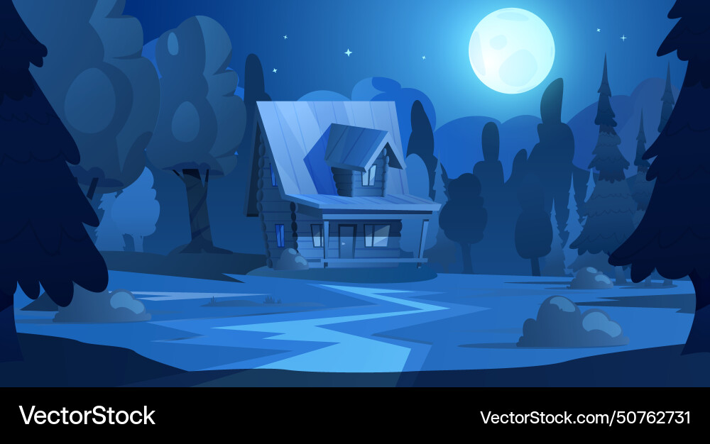 Night forest scene with a rustic wooden house Vector Image