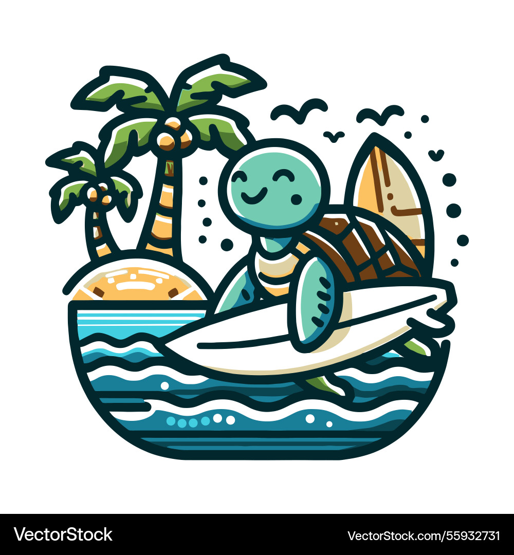 Surfing turtle tropical beach ocean adventure Vector Image
