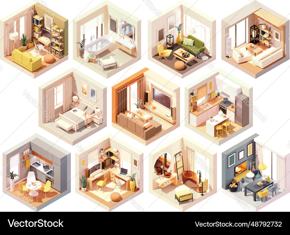 Isometric home rooms interiors set Royalty Free Vector Image