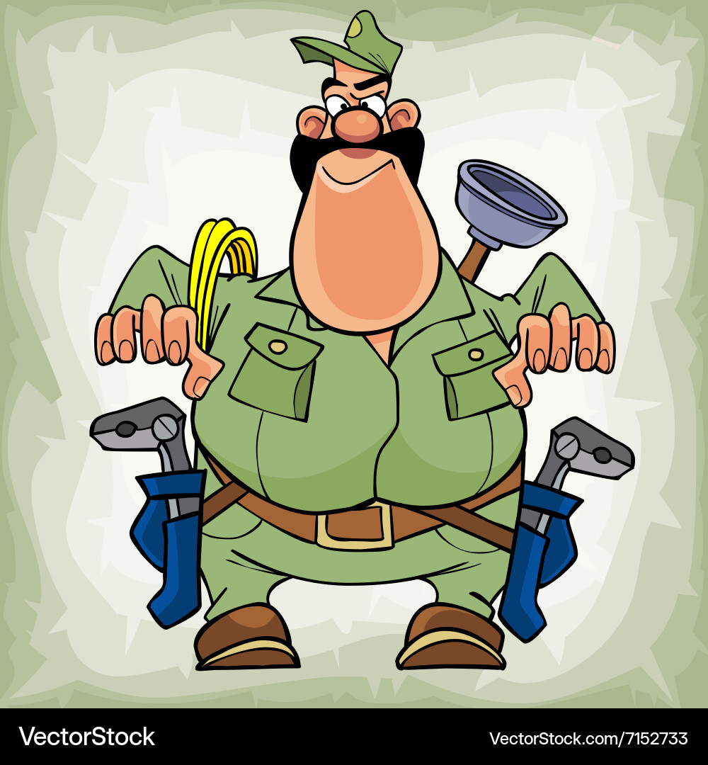Cartoon fat man plumber with a mustache tools Vector Image