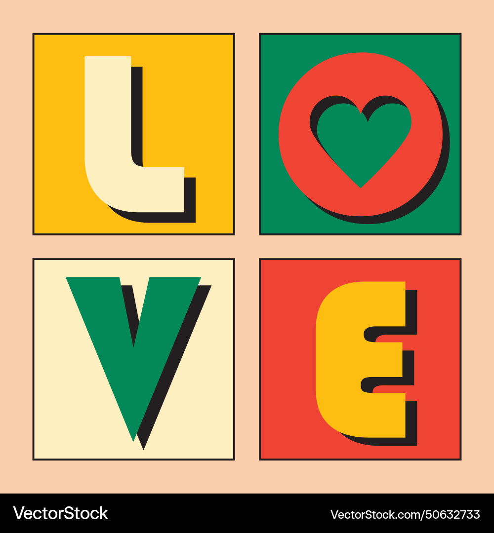Retro word love tile frames in a square arrangemen