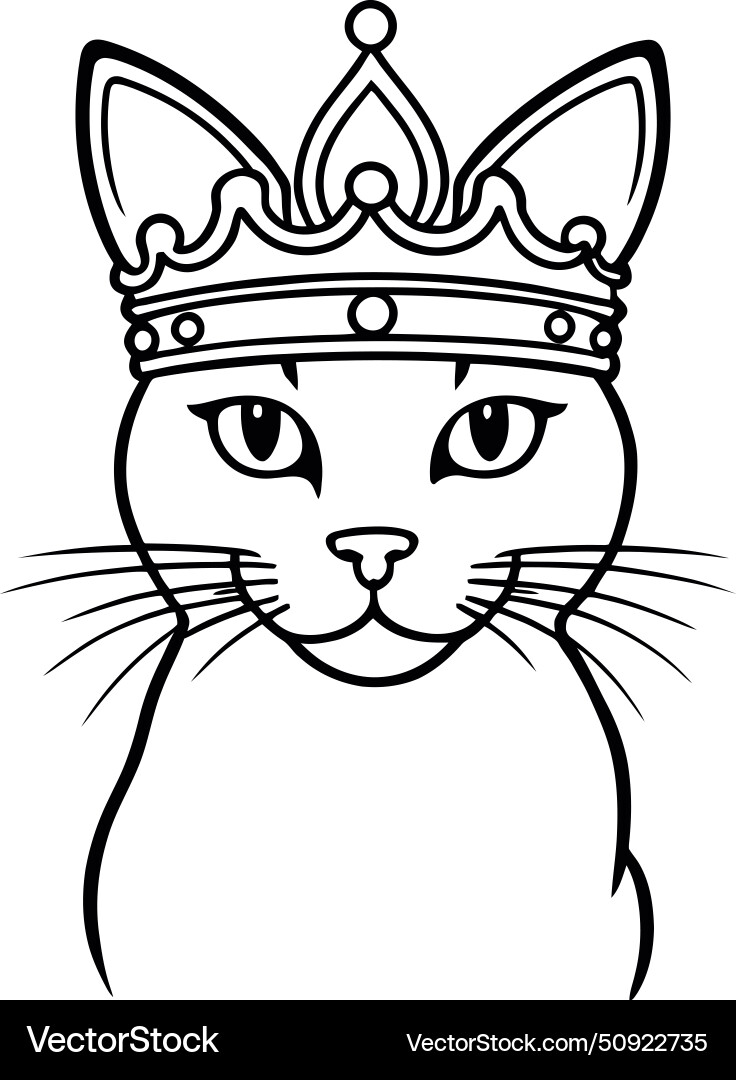 Cat wearing crown queen line art white Royalty Free Vector