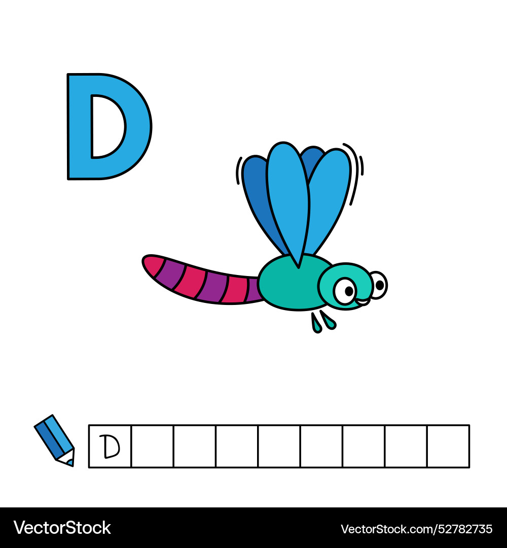 Cute cartoon animals alphabet dragonfly Royalty Free Vector