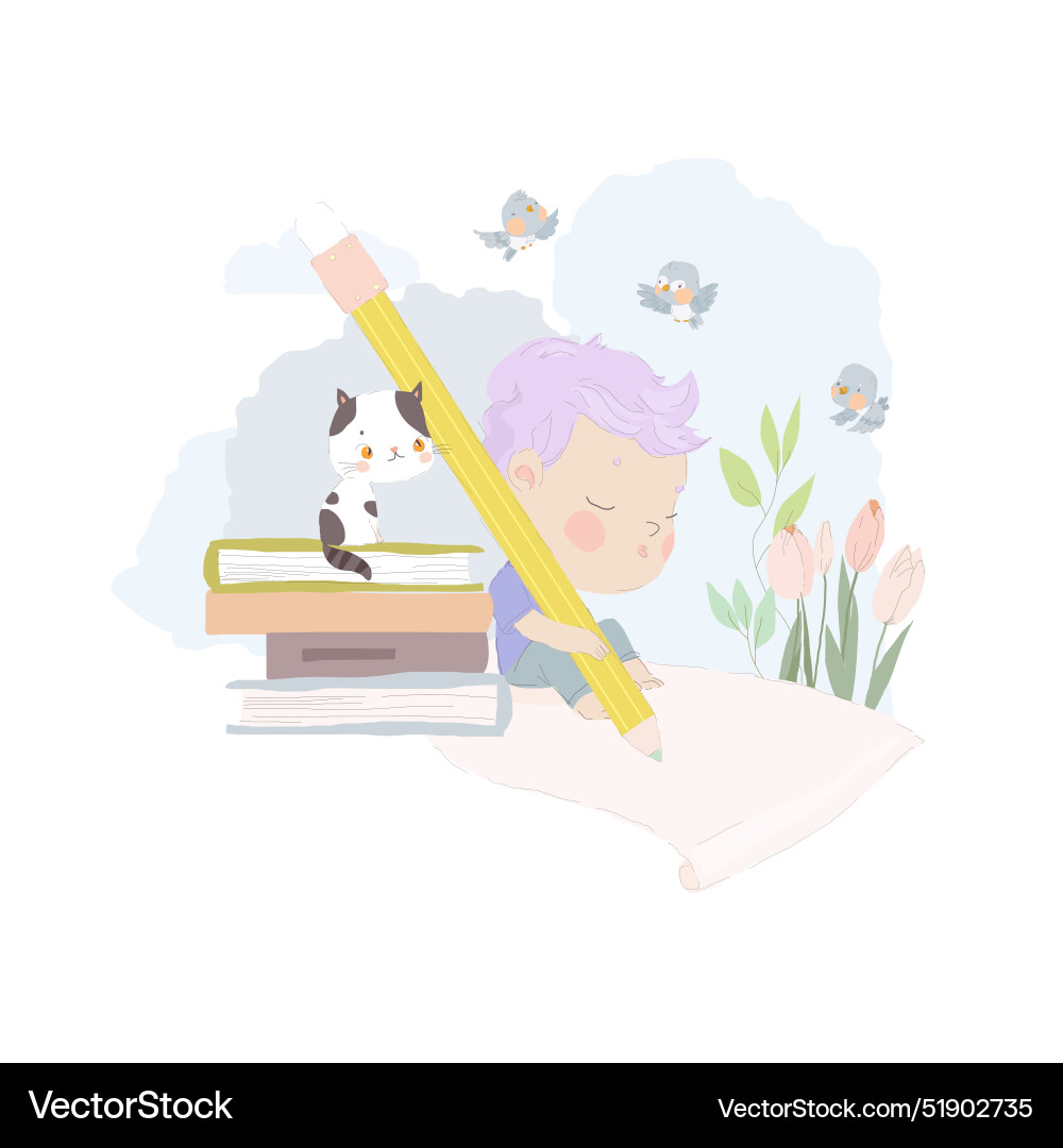 Cute cartoon boy writing with big pencil Vector Image