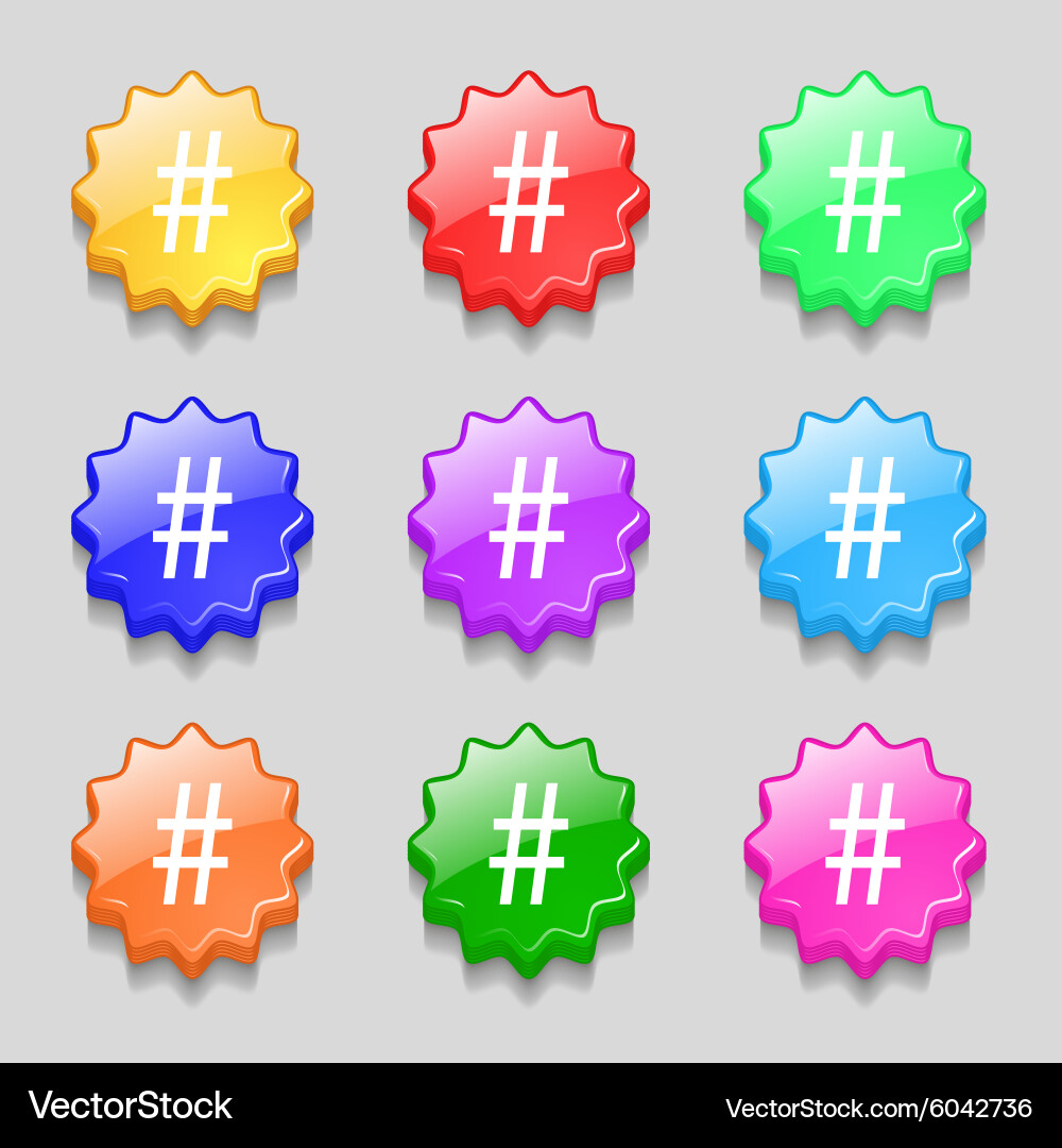 Hash Tag Symbol Symbole auf neun wavy bunt Vektorbild