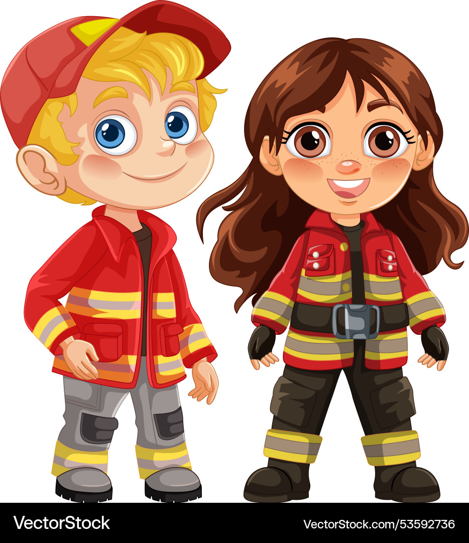 Two cartoon firefighters in red uniforms Vector Image
