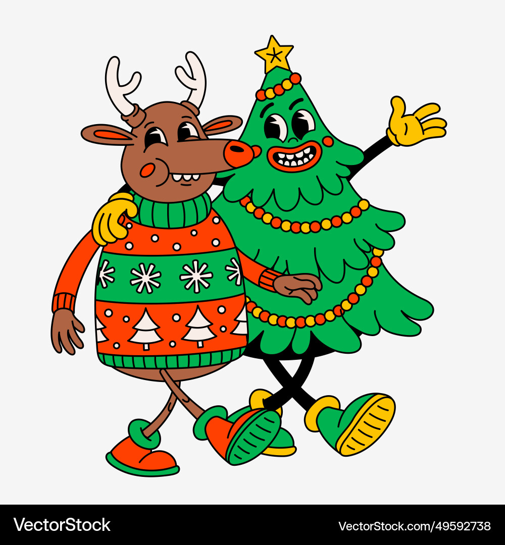 Retro cartoon christmas tree and deer Royalty Free Vector