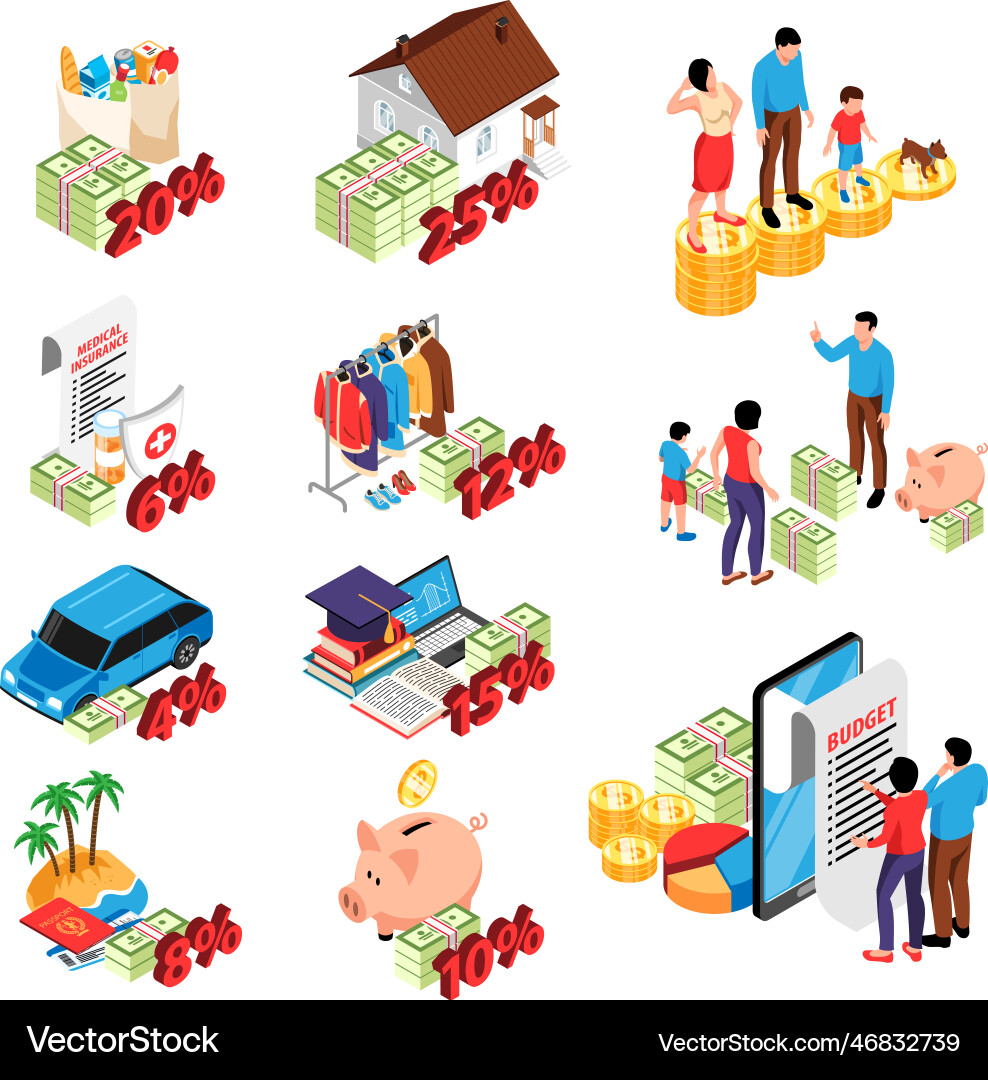 Isometric family budget set Royalty Free Vector Image