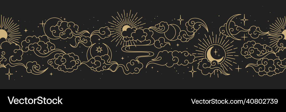 Magic seamless border with moons clouds Royalty Free Vector