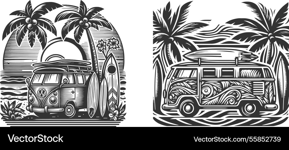 Surf bus minivan palm coconut trees – Royalty-Free Vector | VectorStock