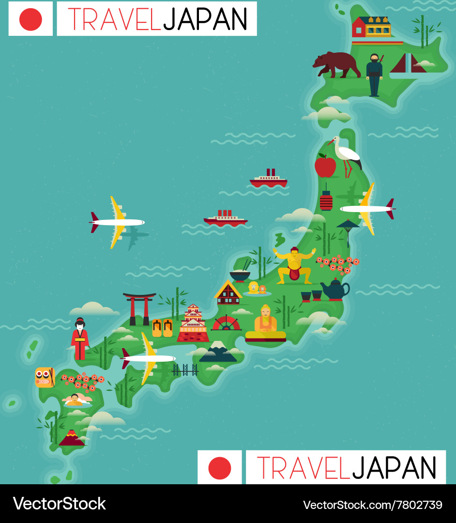 Travel map of japan Royalty Free Vector Image - VectorStock