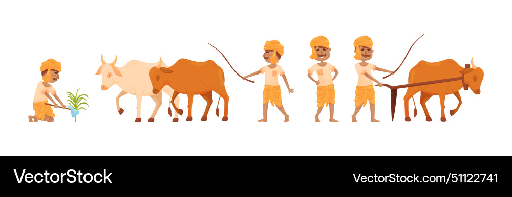 Man asian farmer working on field set Royalty Free Vector