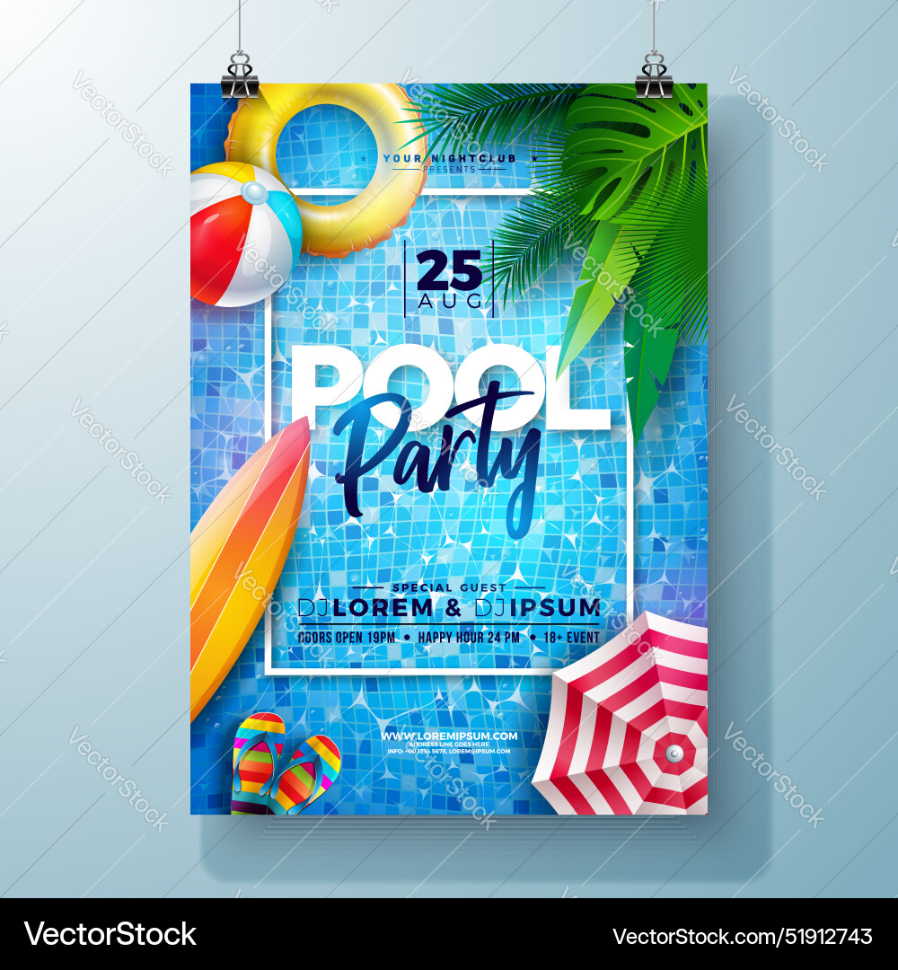 Summer pool party poster design template with palm