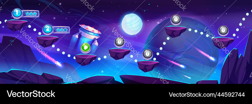 Space game level map with ufo on alien planet Vector Image