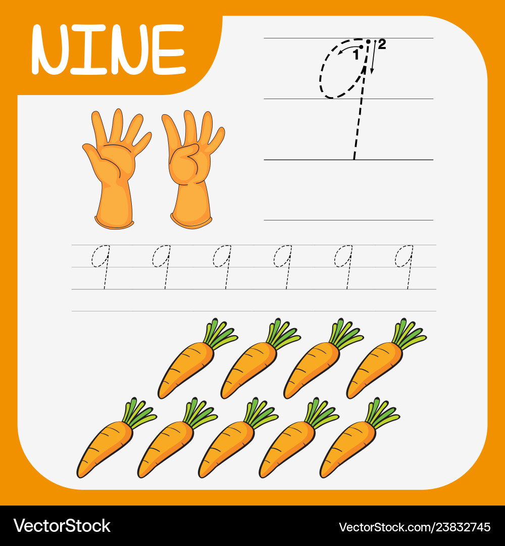 Number nine tracing worksheets Royalty Free Vector Image