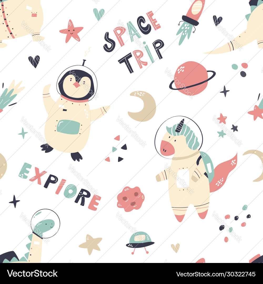 Seamless pattern with animals and space elements Vector Image