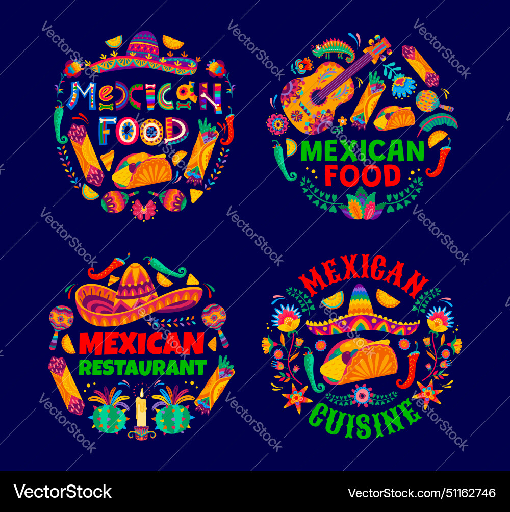 Mexican cuisine and food round emblems Royalty Free Vector