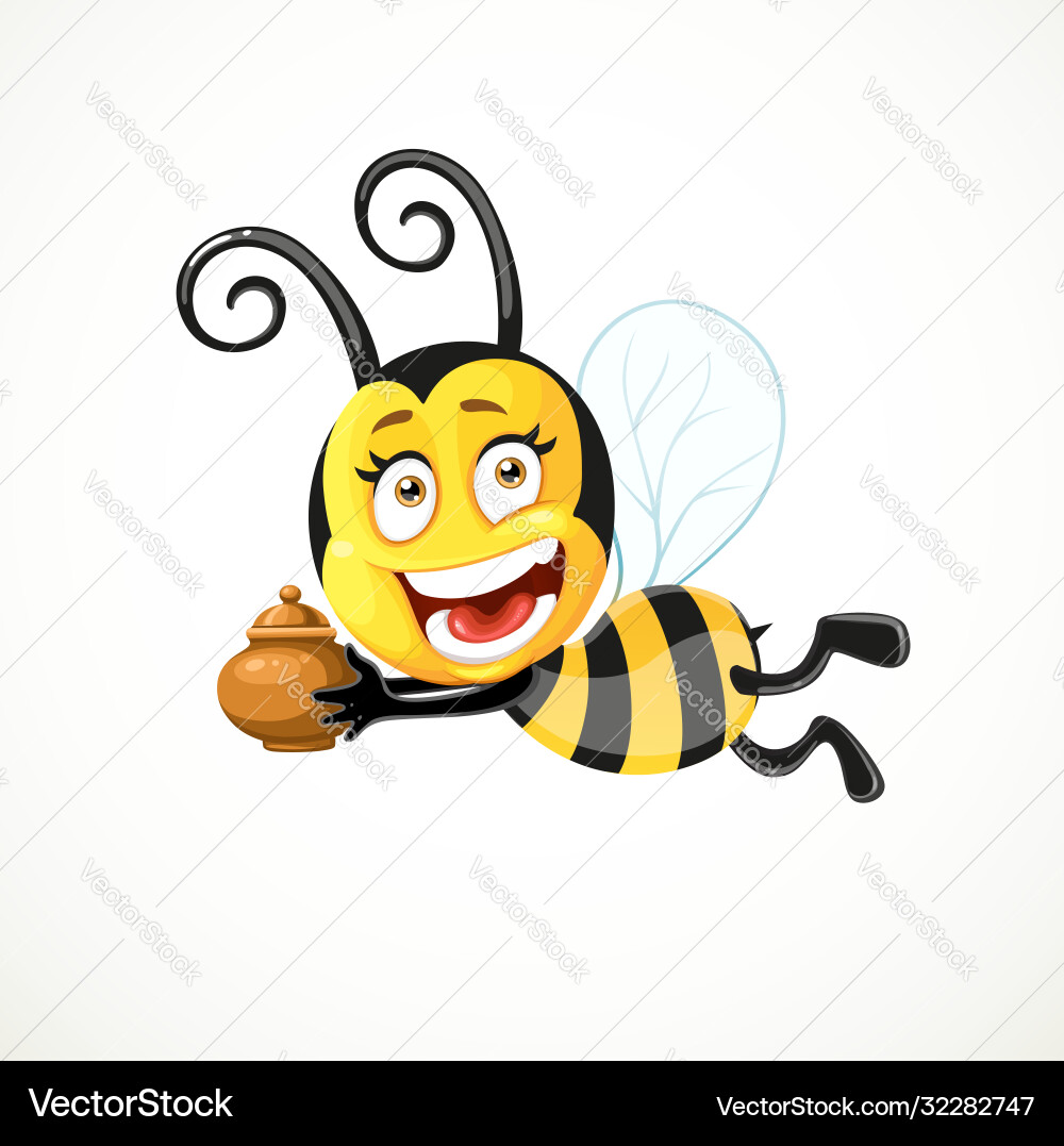 Cartoon bee flies with a clay pot isolated Vector Image