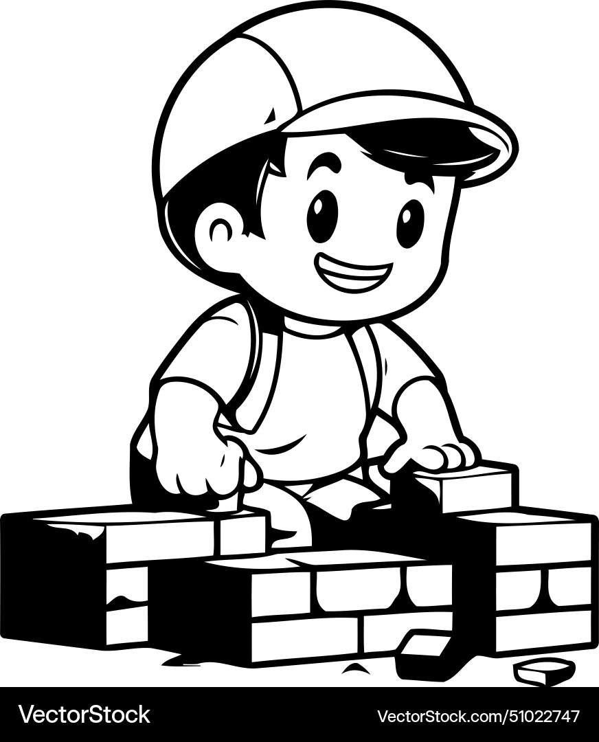 Cartoon bricklayer boy building a wall Royalty Free Vector