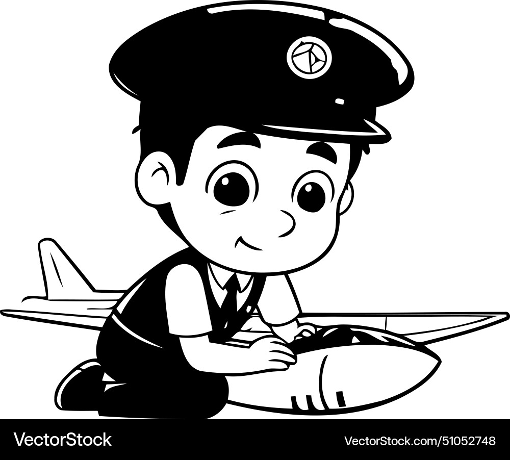 Cute boy pilot with airplane over white Royalty Free Vector