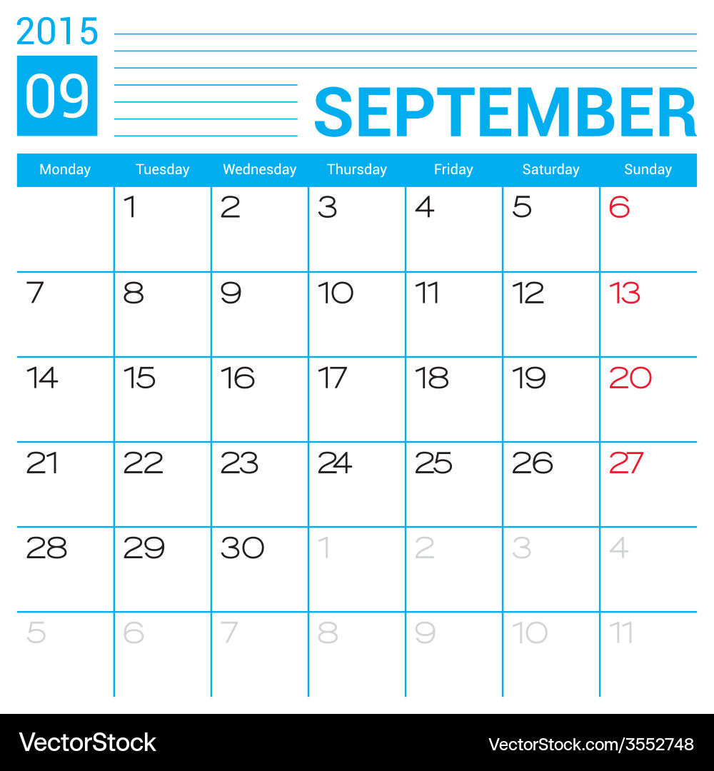 September 2015 calendar page template Royalty Free Vector