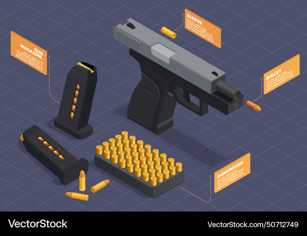 Pistol bullets isometric infographics Royalty Free Vector