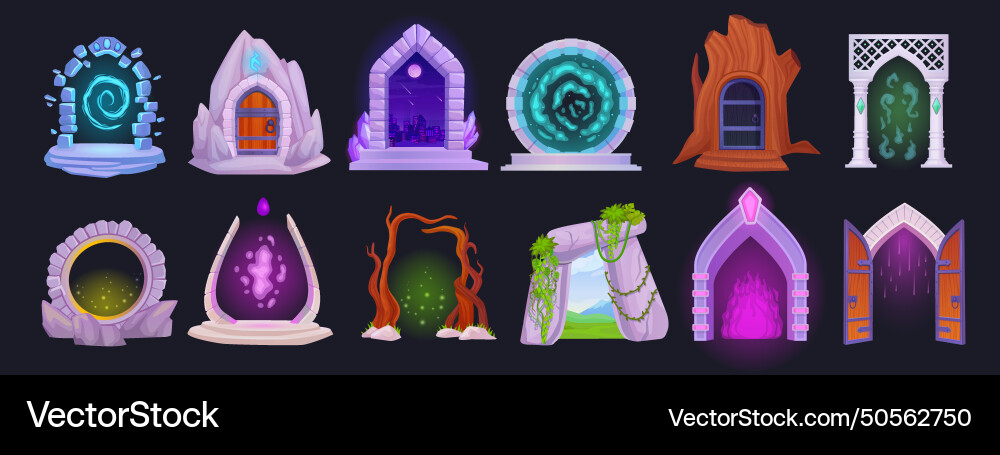 Cartoon magic gate game magical doors mysterious Vector Image