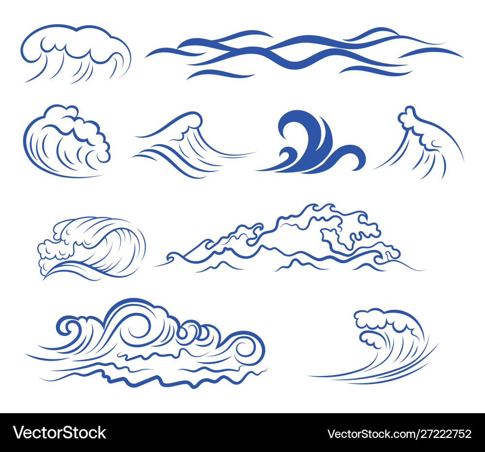 Set sea waves collection stylized Royalty Free Vector Image