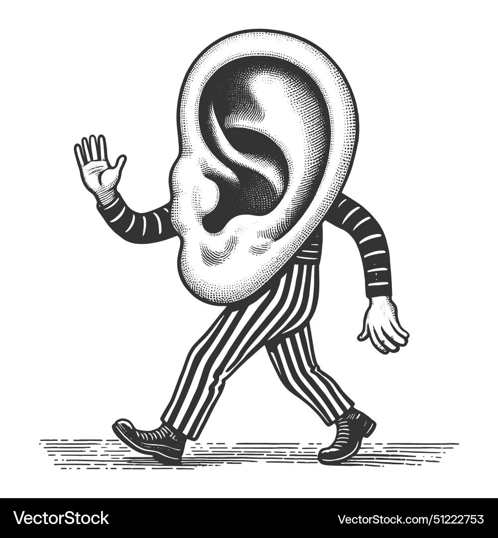 Ear cartoon walking and waving engraving Vector Image