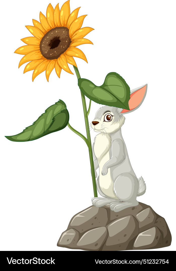 Cute rabbit standing by a large sunflower Vector Image