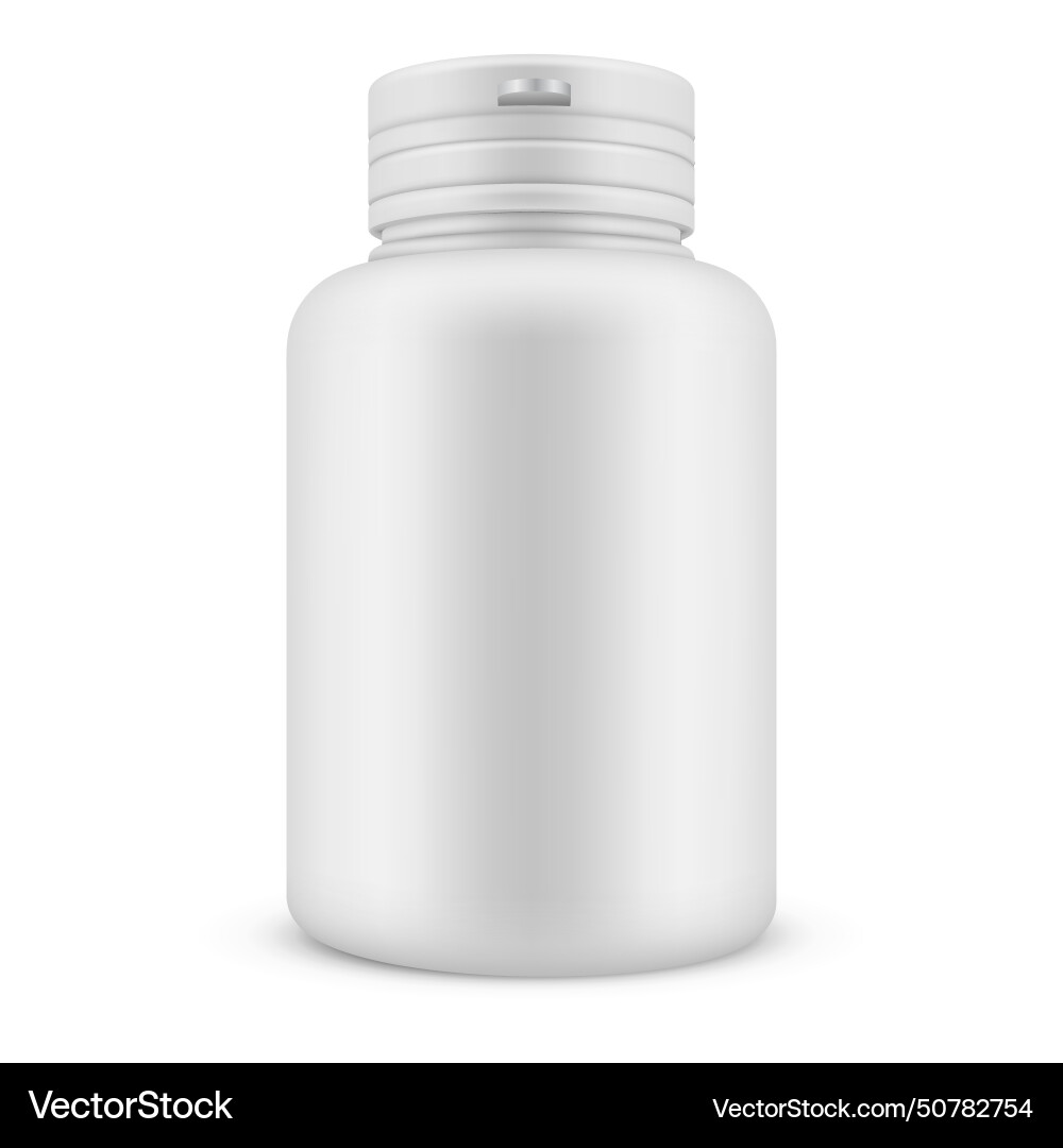 Medicine bottle white package with cup for tablet Vector Image