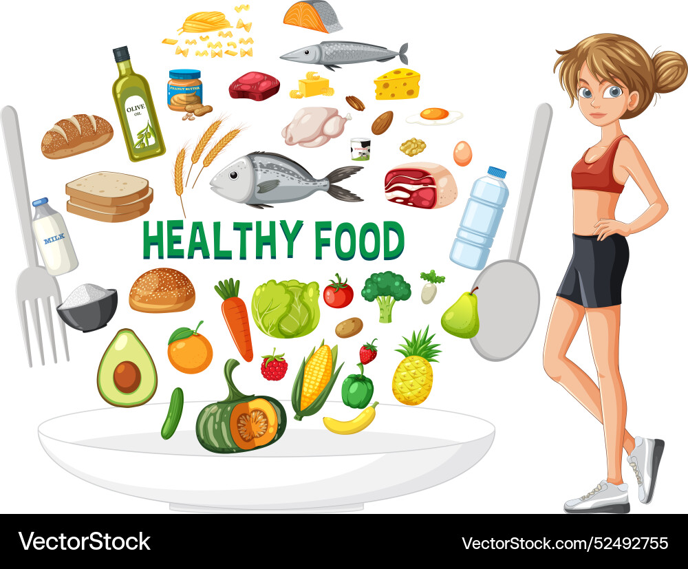 Balanced diet with various nutritious foods Vector Image