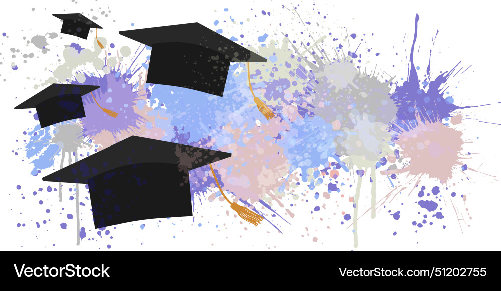 Banner with graduation caps and color splashes Vector Image