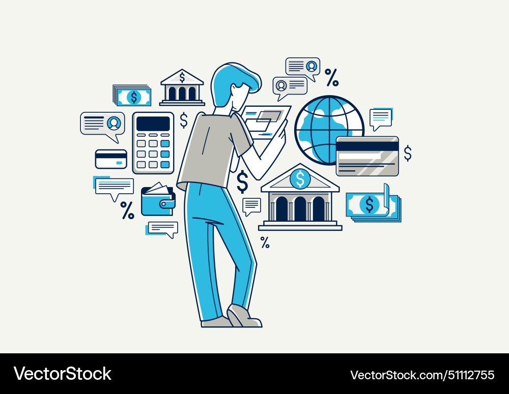 Online banking outline manager working Royalty Free Vector