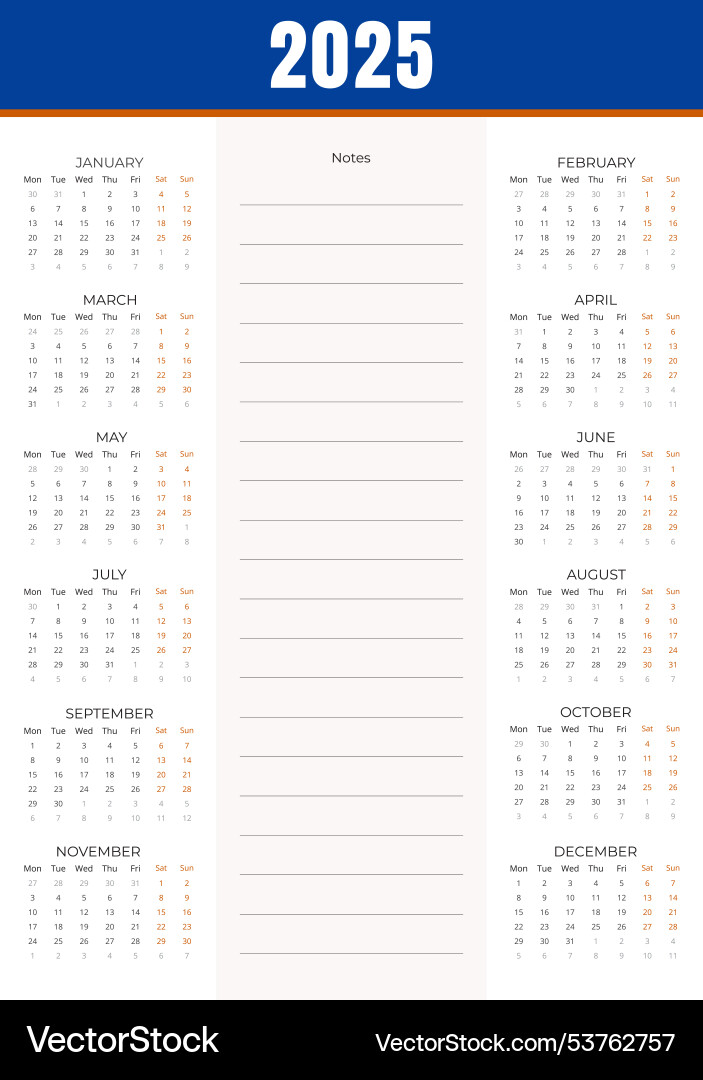 Calendar 2025 with notes in center Royalty Free Vector Image