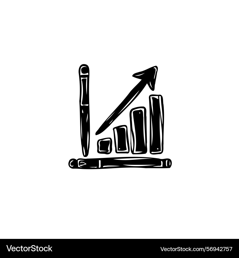 Hand-drawn bar graph with rising arrow and pen Vector Image