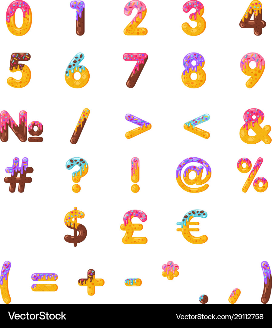 Donut cartoon numbers and math signs set Vector Image