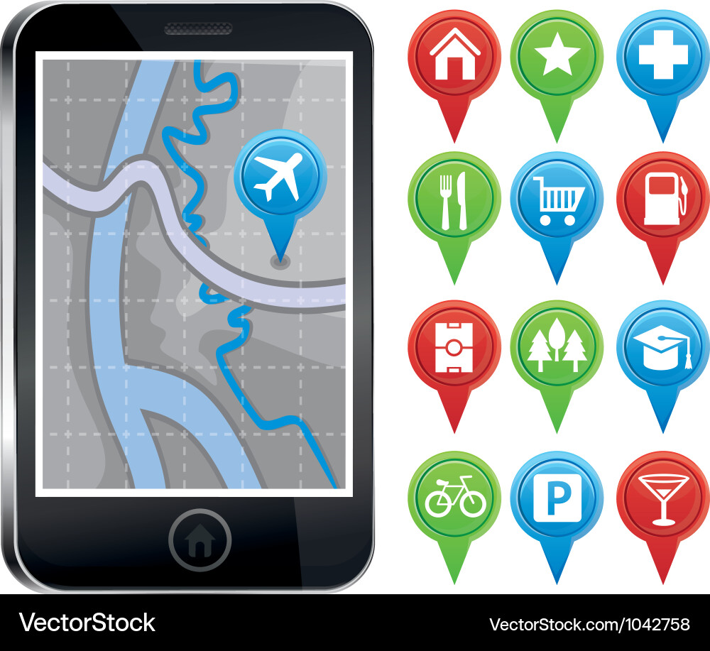 Mobile phone with gps map and pointers icons Vector Image