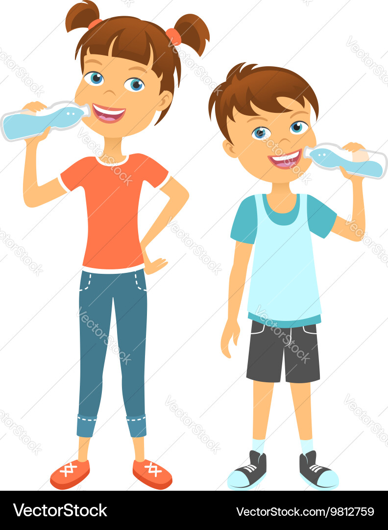 Happy children drinking water Royalty Free Vector Image