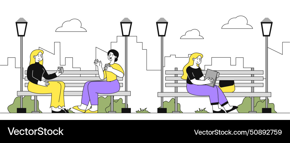 People on bench at park doodle Royalty Free Vector Image