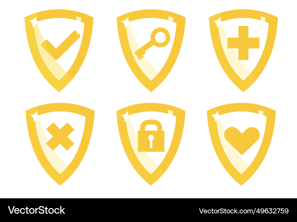 Set of shields with lock yellow key Royalty Free Vector